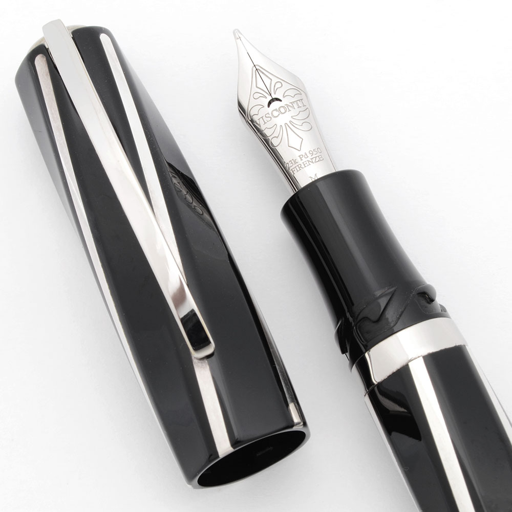 Visconti Divina Maxi Fountain Pen - Black & Silver , 23k Palladium Dreamtouch Medium Nib, Pull ...